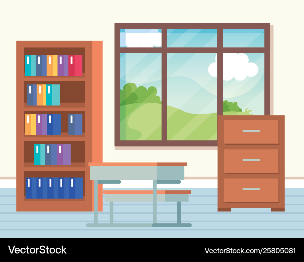 Academic classroom with desks and books inside Vector Image