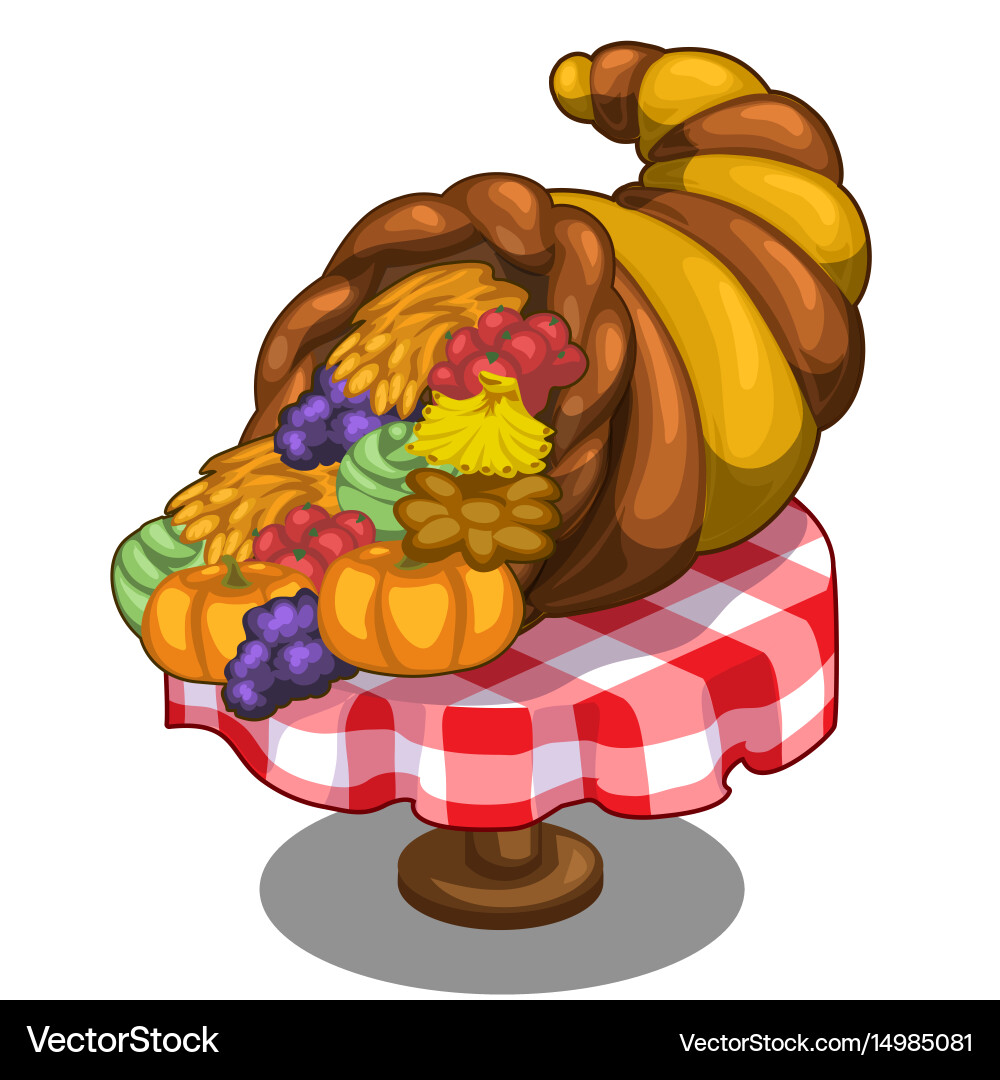 Cornucopia with fruits and vegetables on the table