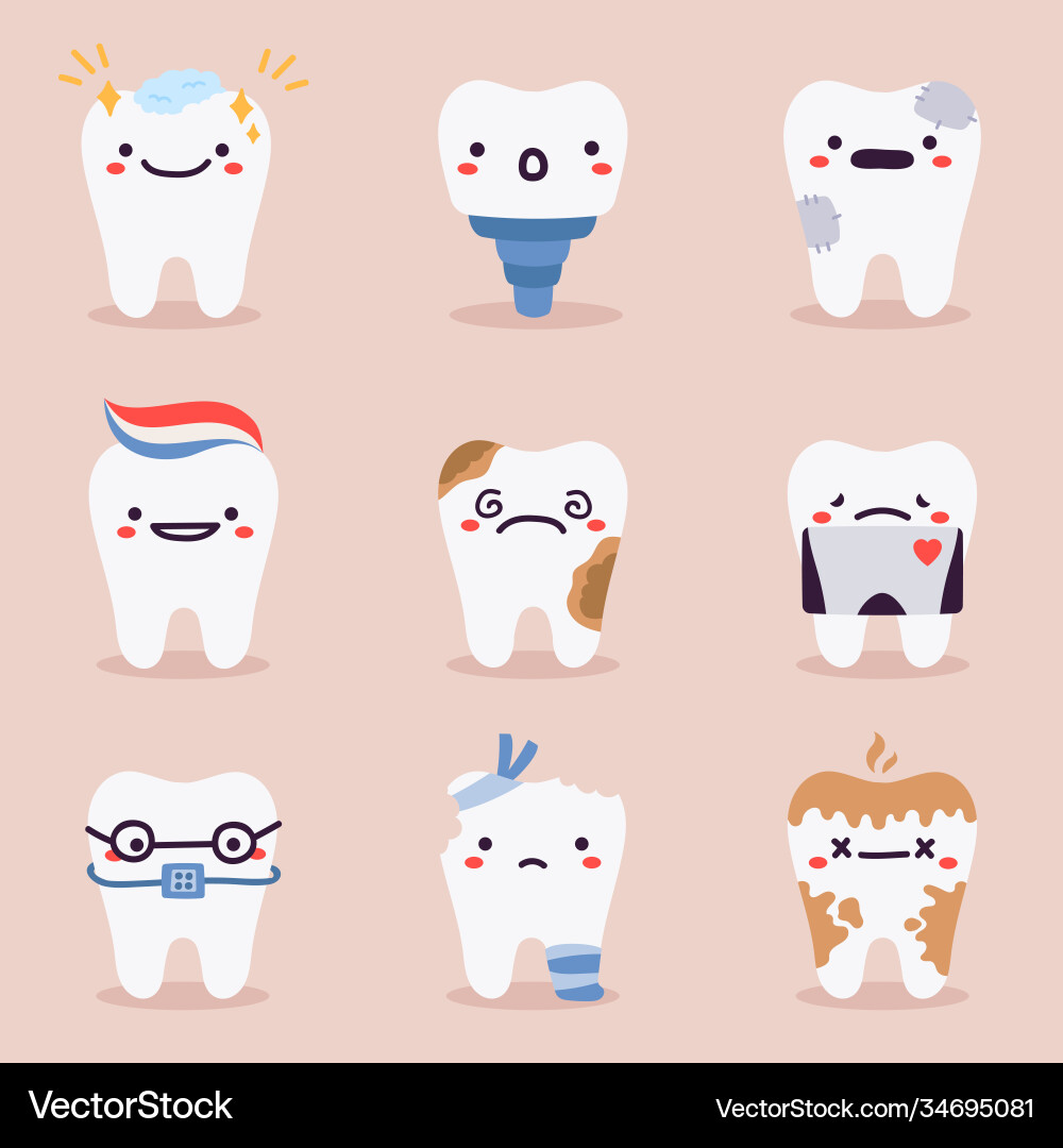 Cute teeth mascots dental teeth characters Vector Image