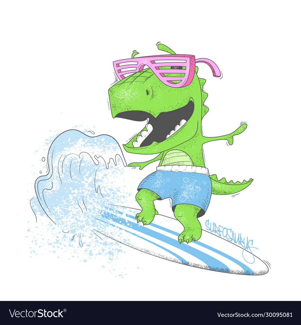 Dinosaur surfer ride wave on surfboard Royalty Free Vector Dinosaur surfer ride wave on surfboard Royalty Free Vector