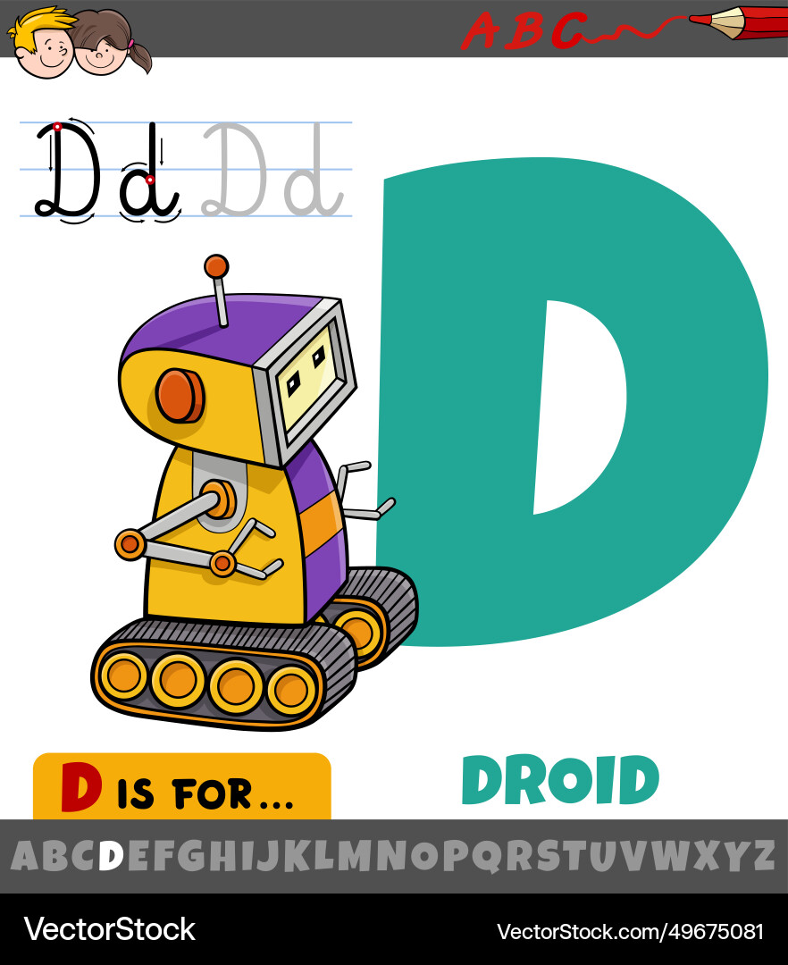 Letter d from alphabet with cartoon droid Vector Image