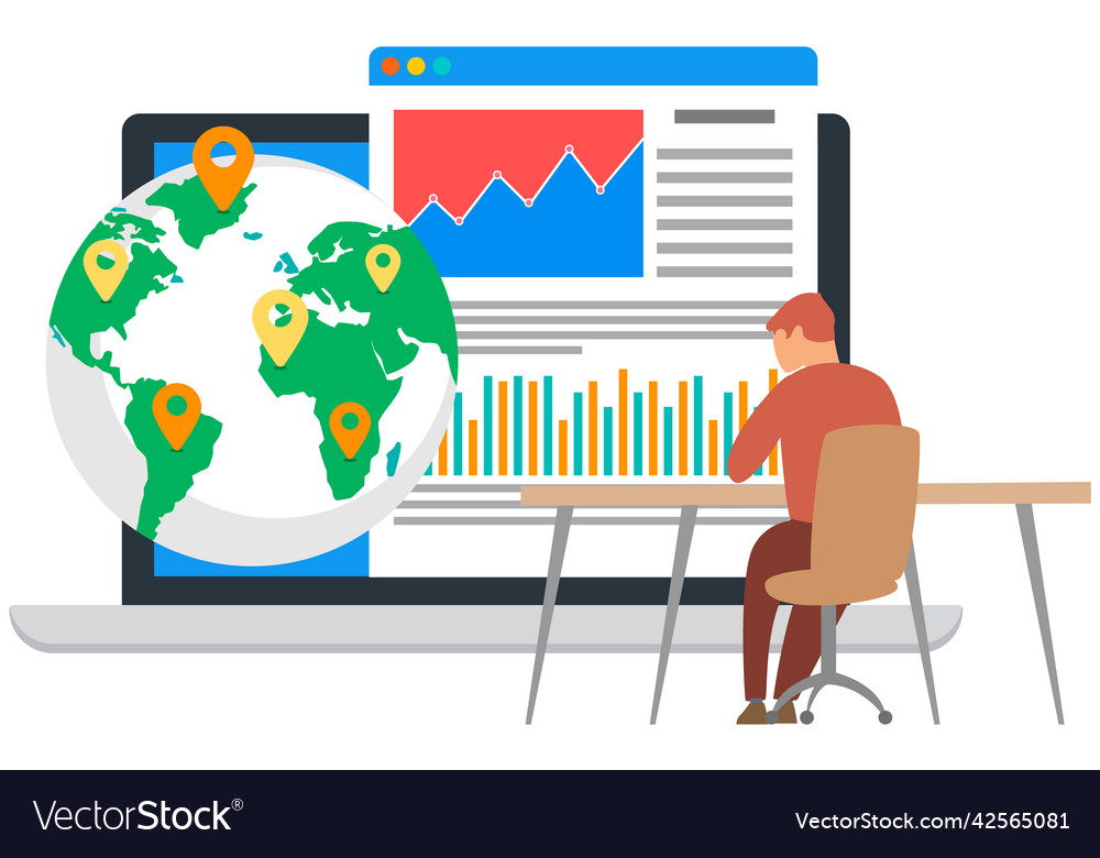 Man sitting with computer at workplace Royalty Free Vector