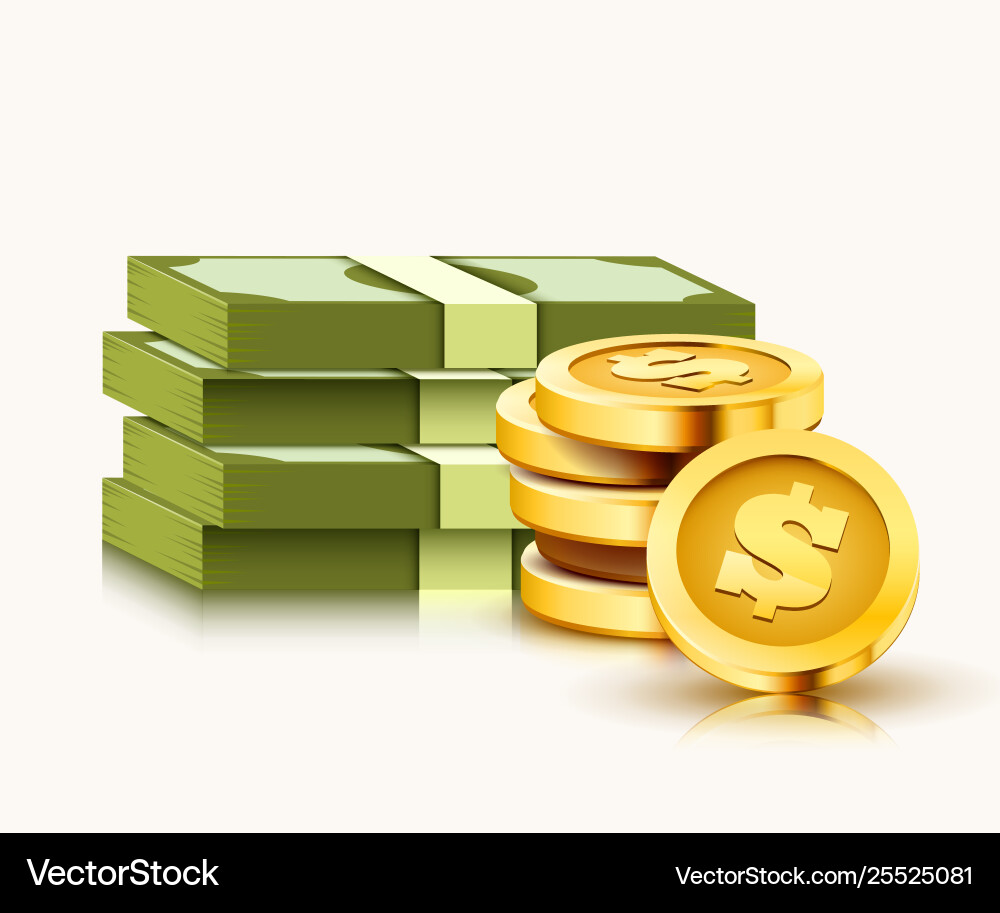 Stack paper dollars and golden coins isolated Vector Image