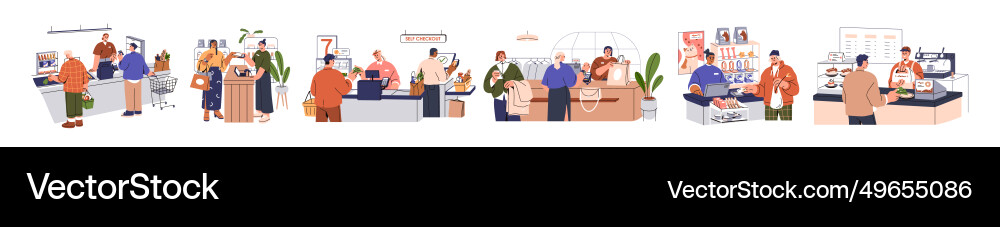 Customers paying at checkout and cashier counters Vector Image