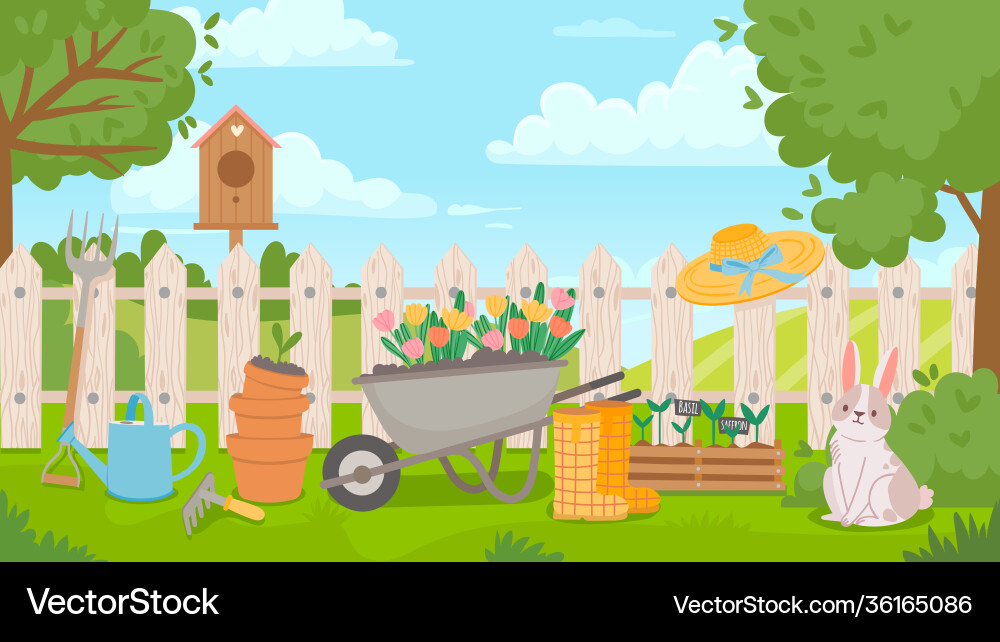 Garden landscape with tools cartoon spring poster Vector Image