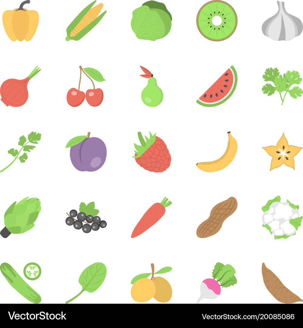 Pack fruits and vegetables flat icons Royalty Free Vector