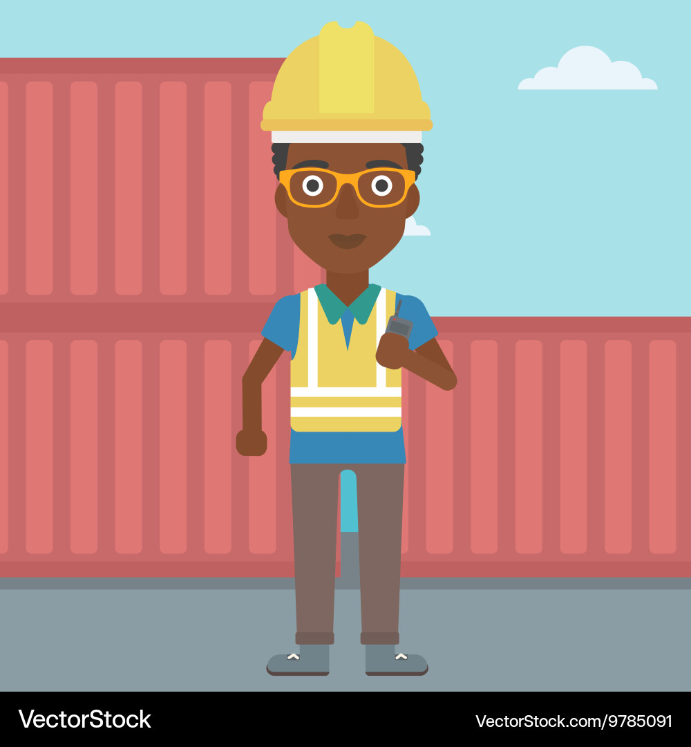 Port worker talking on wireless radio Royalty Free Vector