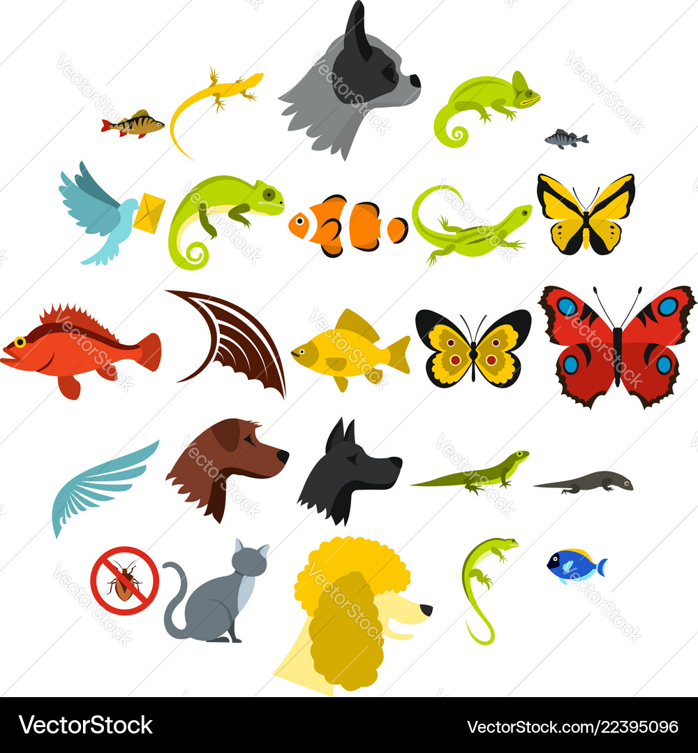 Tropical animals icons set flat style Royalty Free Vector