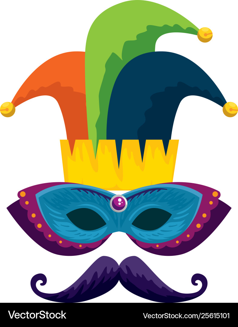 Carnival mask with joker hat and mustache Vector Image