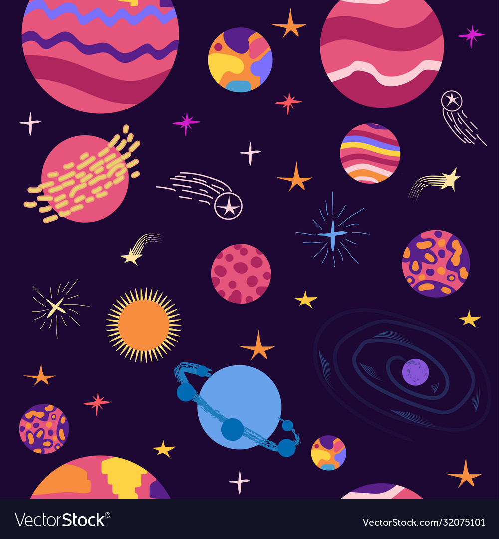 Seamless space pattern planets rockets and stars Vector Image
