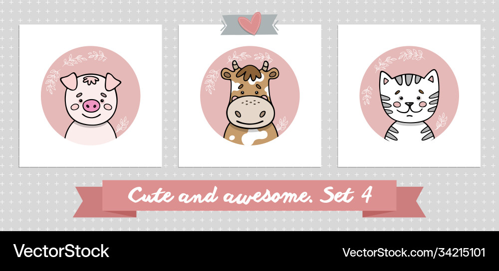 Set cute simple animal faces portraits Royalty Free Vector