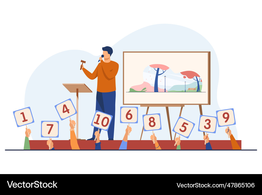 Auctioneer with hammer selling artwork on stage Vector Image