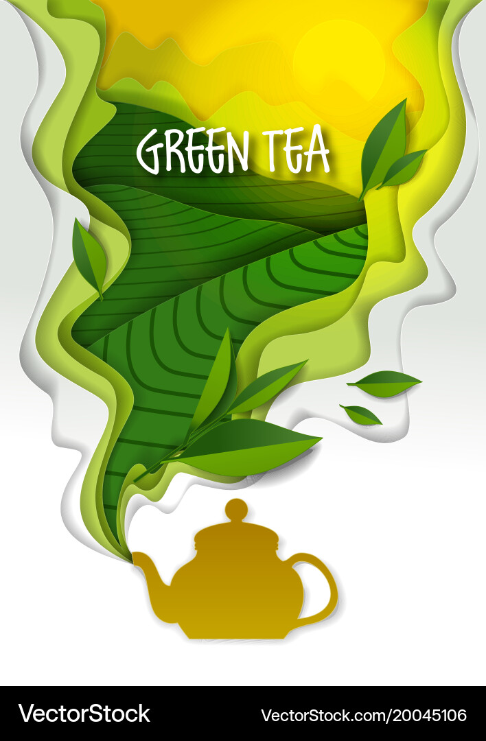 Teapot with aromatic green tea paper art Vector Image