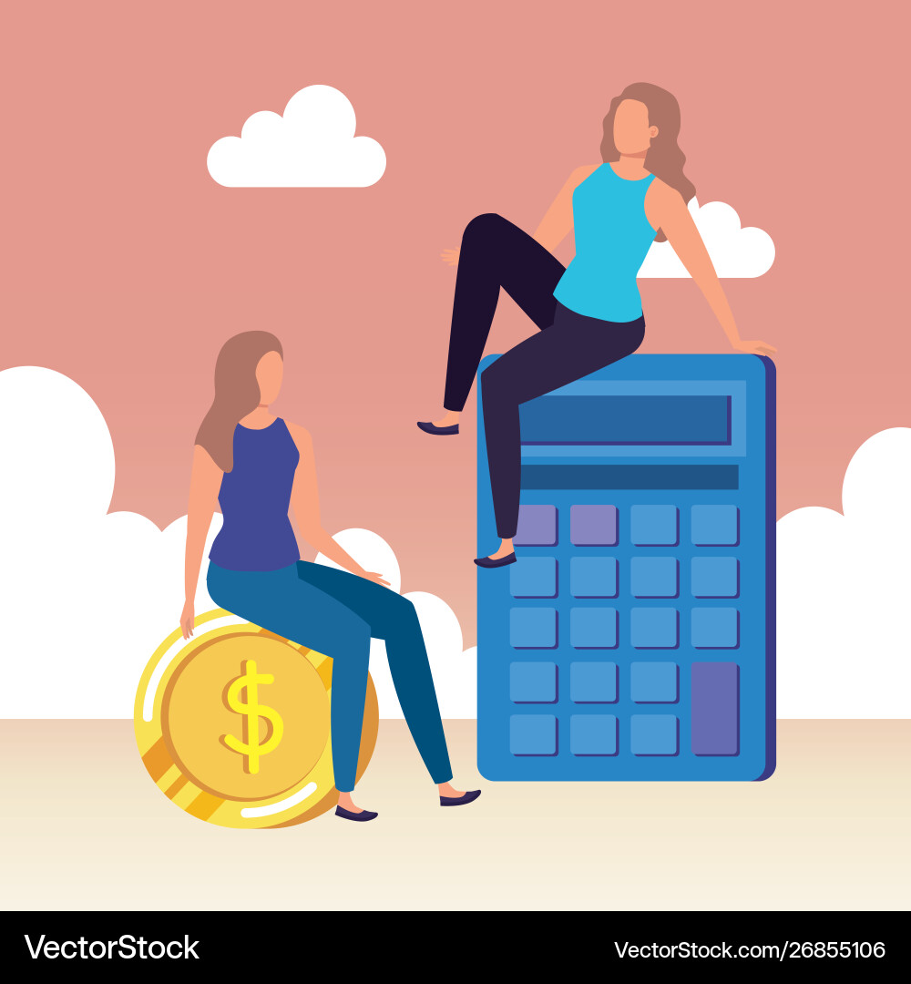 Young women with calculator characters Royalty Free Vector