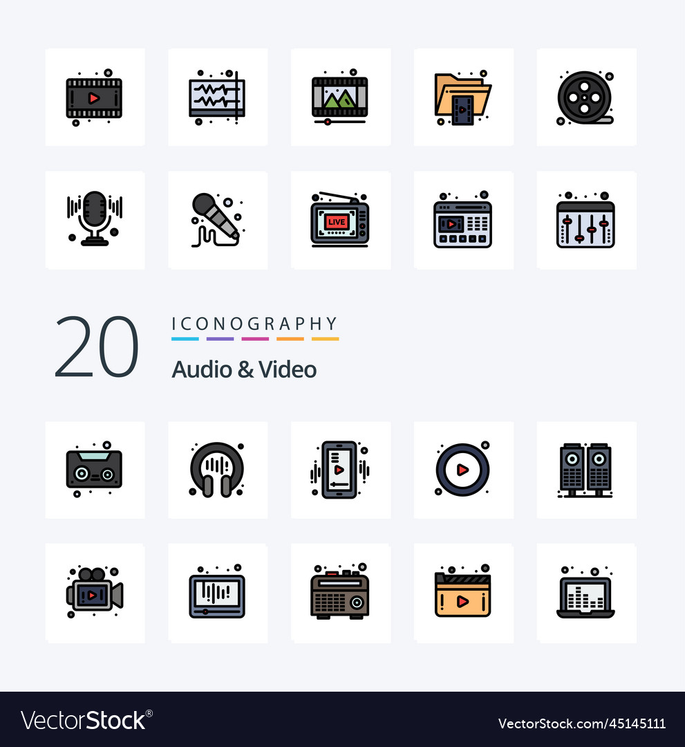 20 Audio And Video Line Filled Color Icon Pack Vector Image