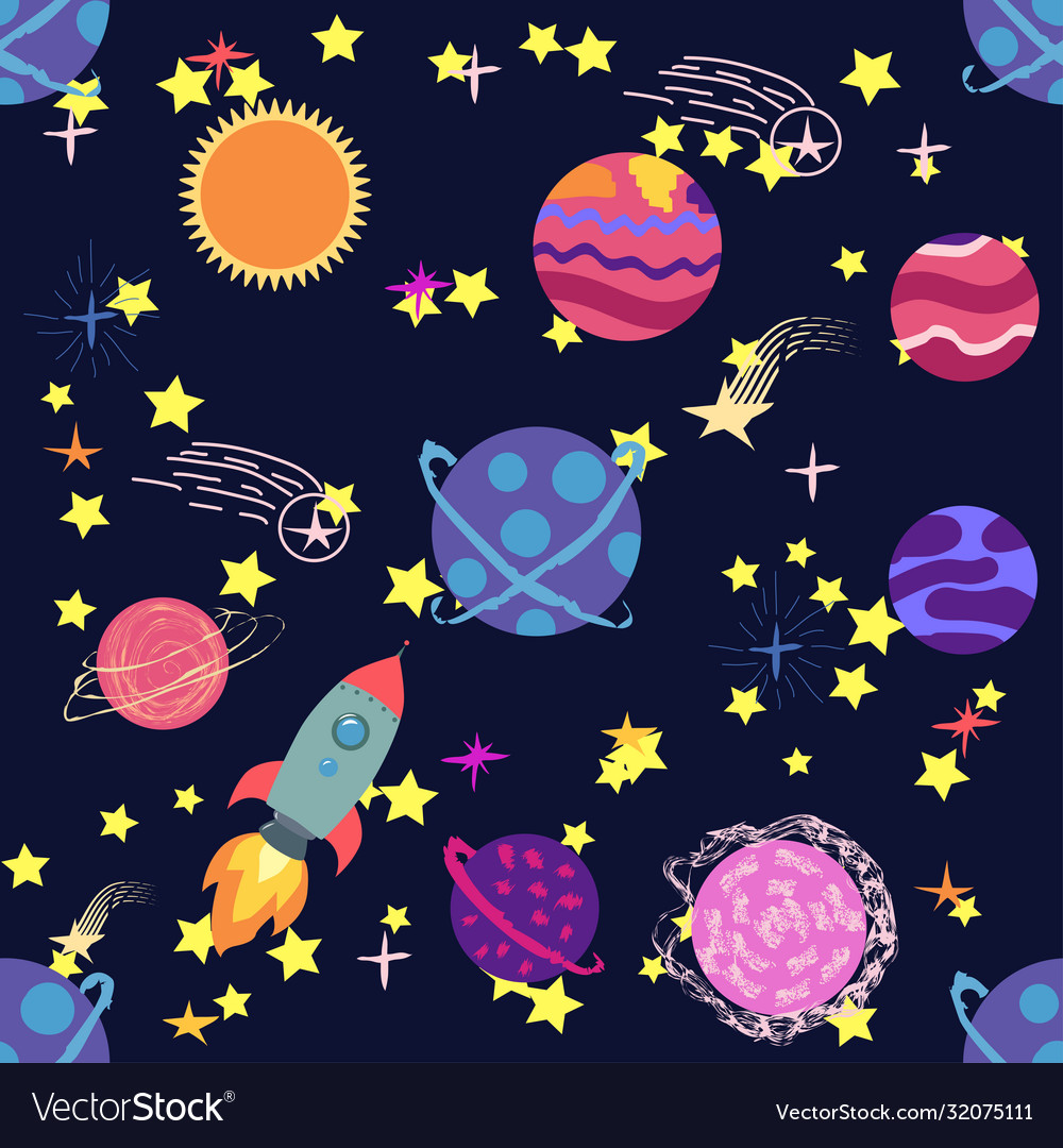 Seamless space pattern planets rockets and stars Vector Image