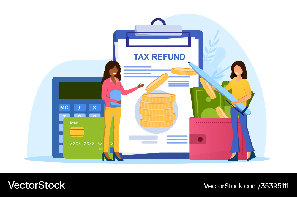 Two female characters making tax refund Royalty Free Vector