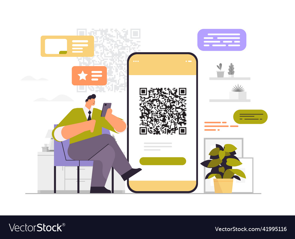 Businessman scanning qr code on smartphone screen Vector Image