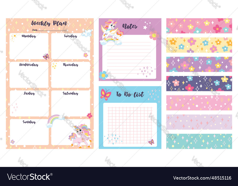 Cute unicorn weekly planner and note pages big set