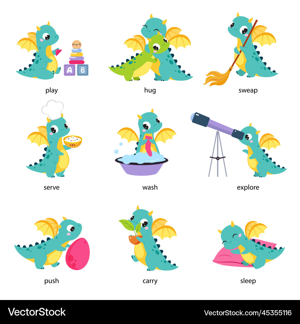 Funny dragon character and english verbs learning Vector Image