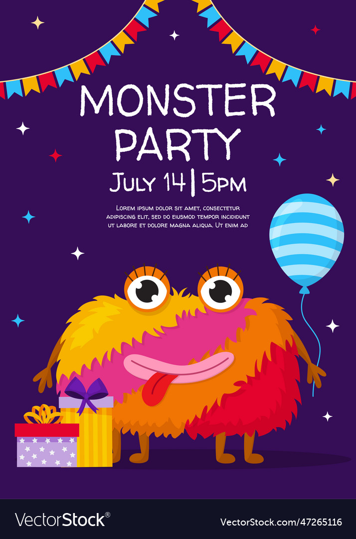 Monster party happy birthday poster Royalty Free Vector