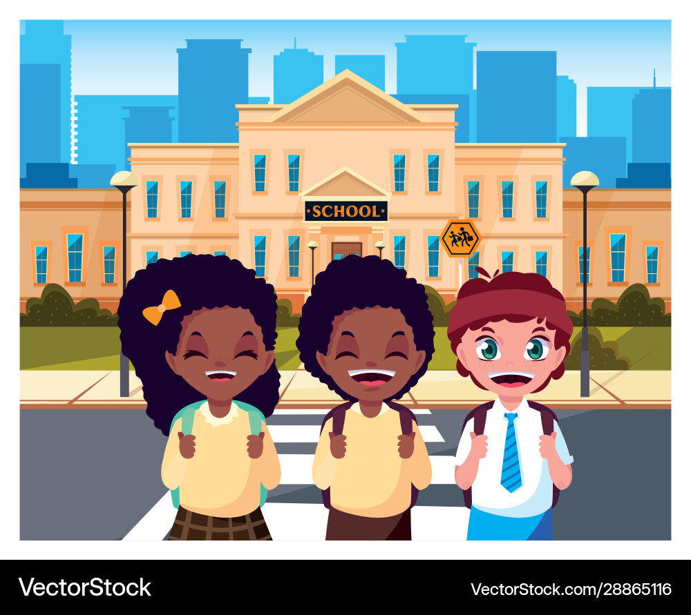 Student children with school building primary Vector Image