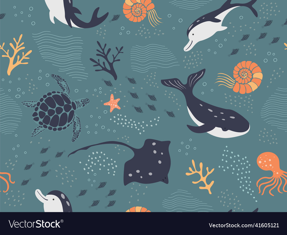 Seamless pattern with sea creatures turtle Vector Image