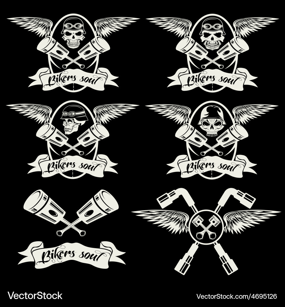 Biker theme labels with pistons and skulls Vector Image
