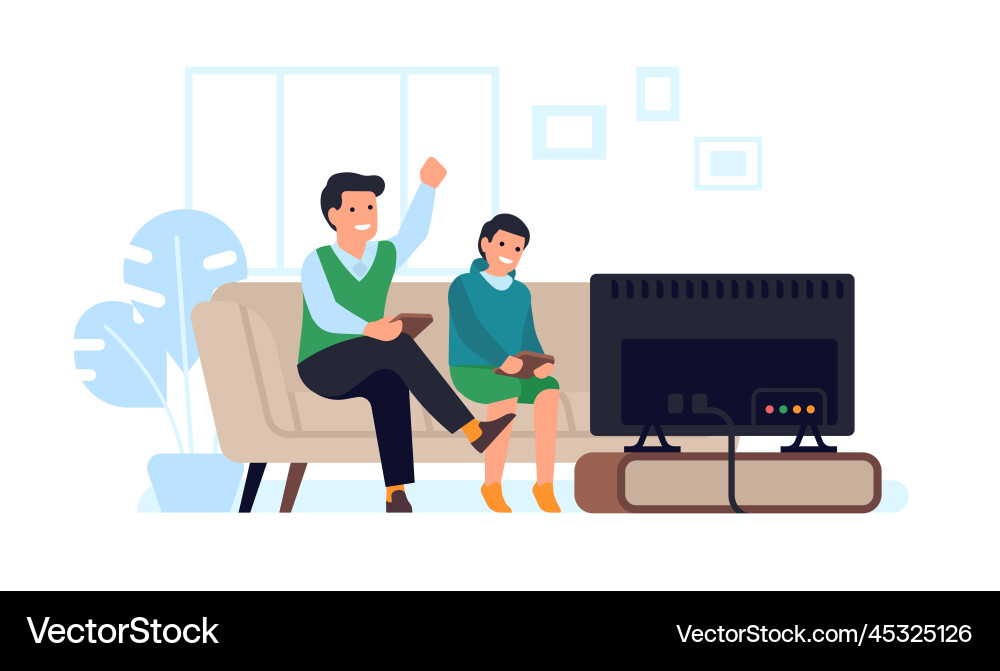 Father and son play computer games on tv console Vector Image