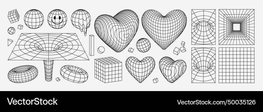 Geometry wireframe shapes and grids in neon pink Vector Image