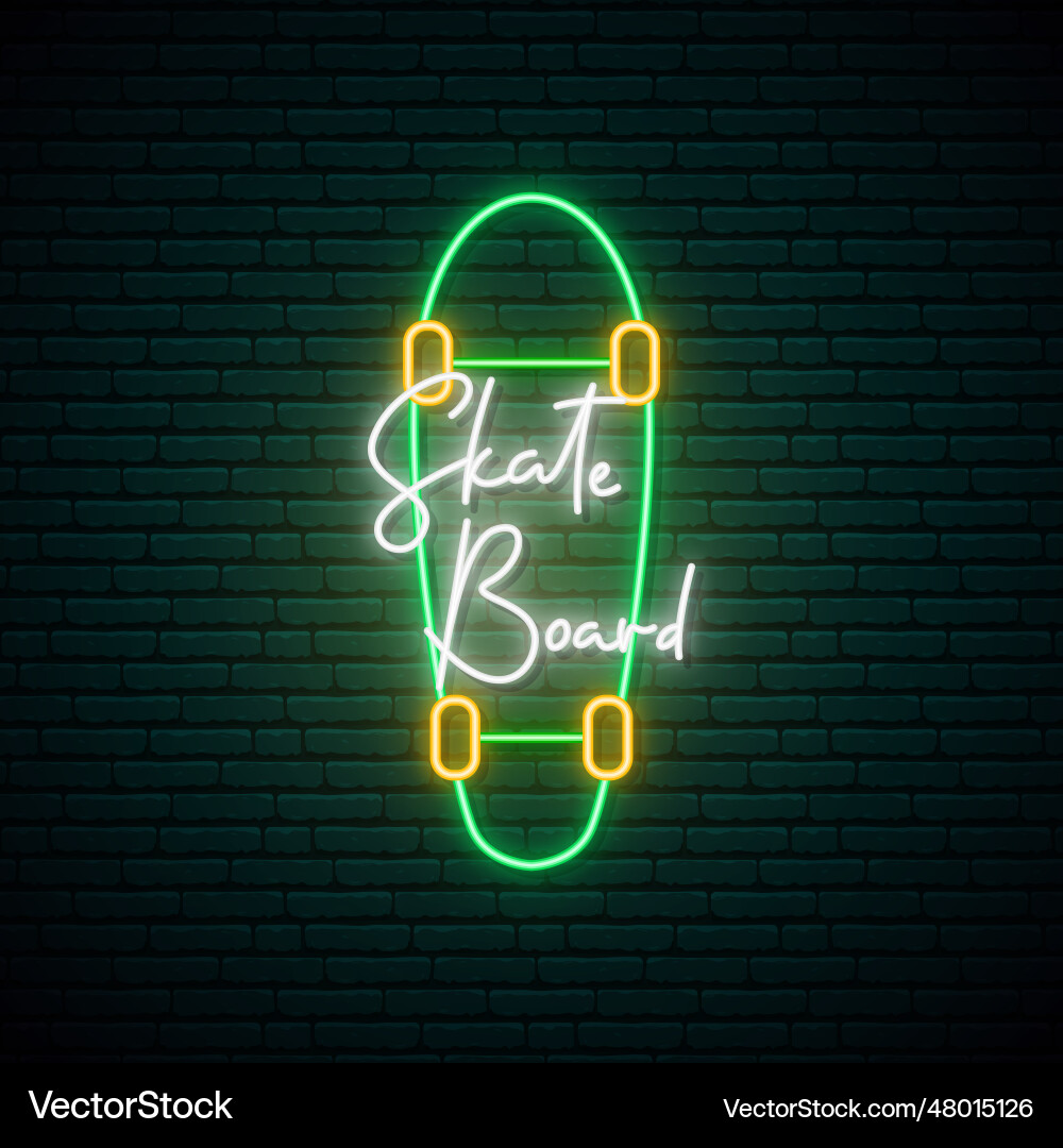 Neon skateboard sign glowing on brick Royalty Free Vector