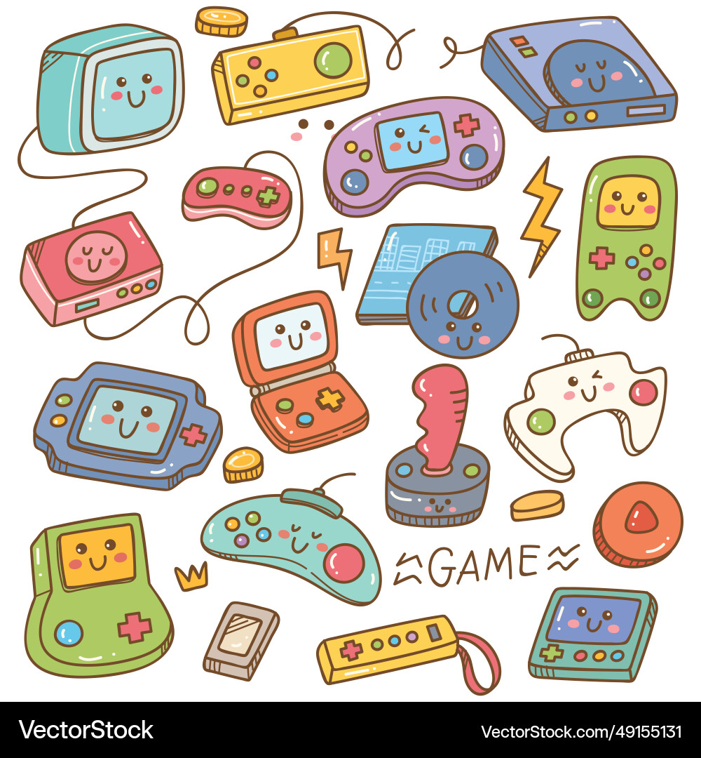 Set of kawaii cartoon game console doodle elements