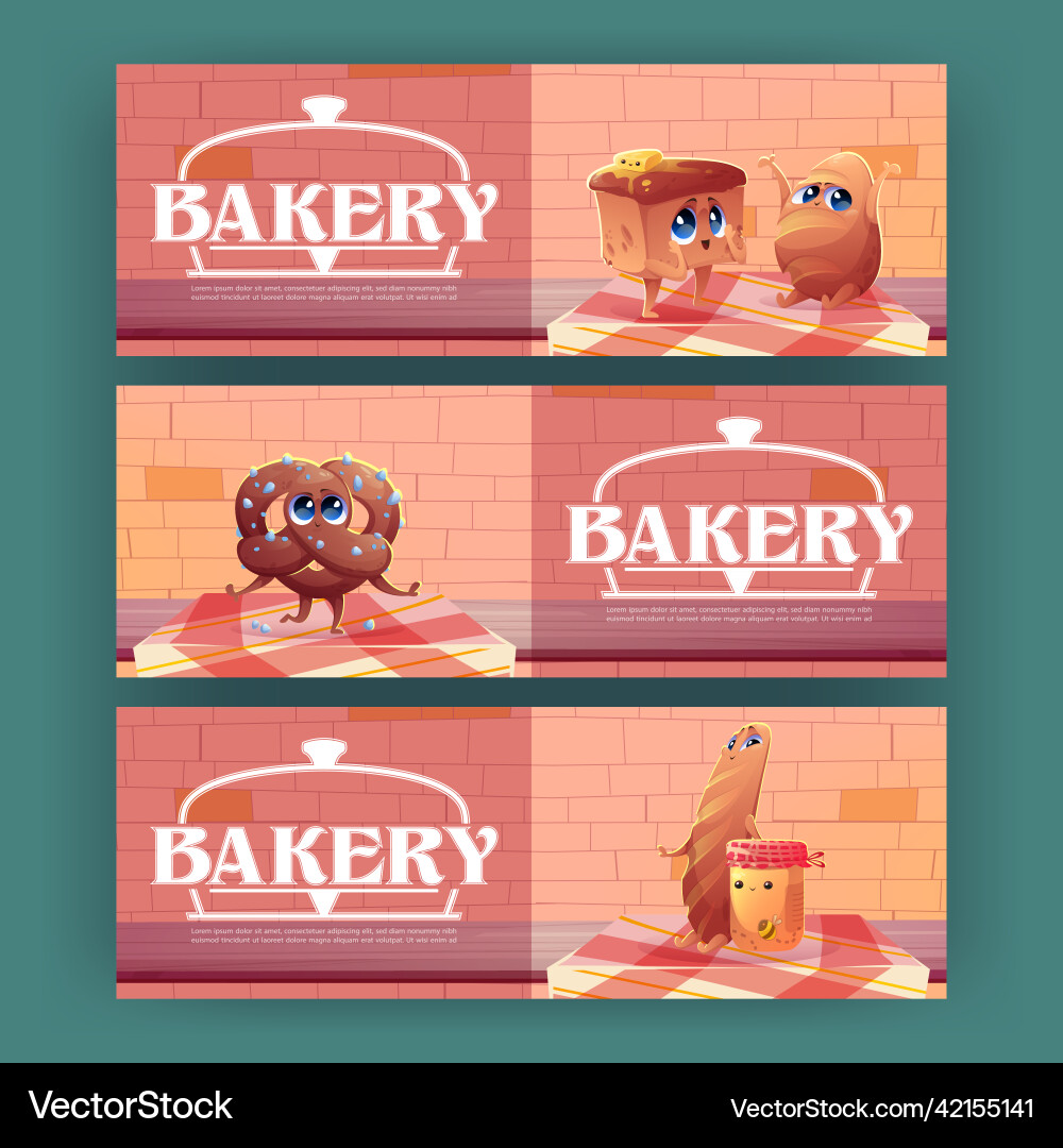Cartoon banners with cute bakery characters ads Vector Image