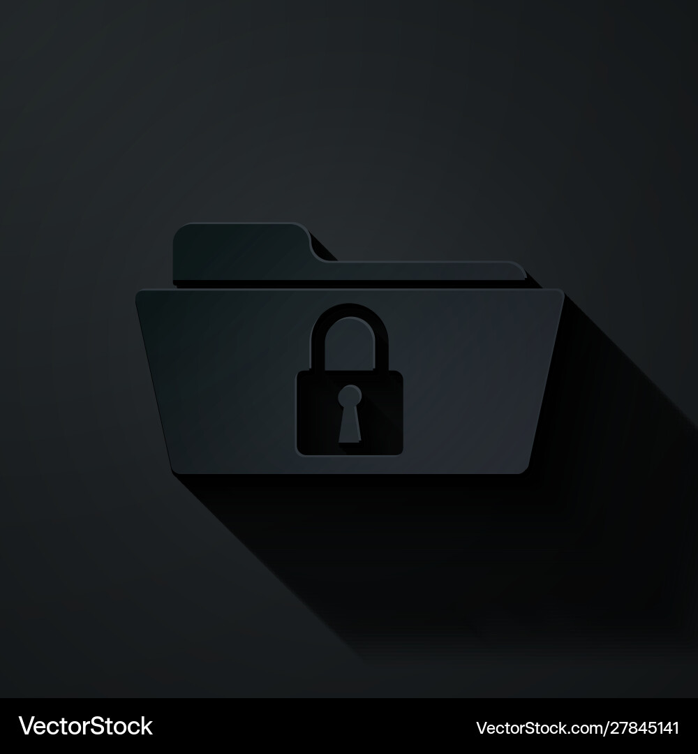 Paper cut folder and lock icon isolated on black Vector Image
