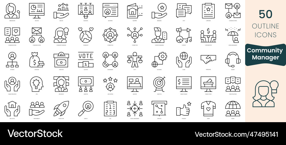 Set of community manager icons thin linear style Vector Image