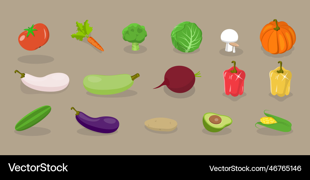 3d isometric flat set of fresh vegetables Vector Image