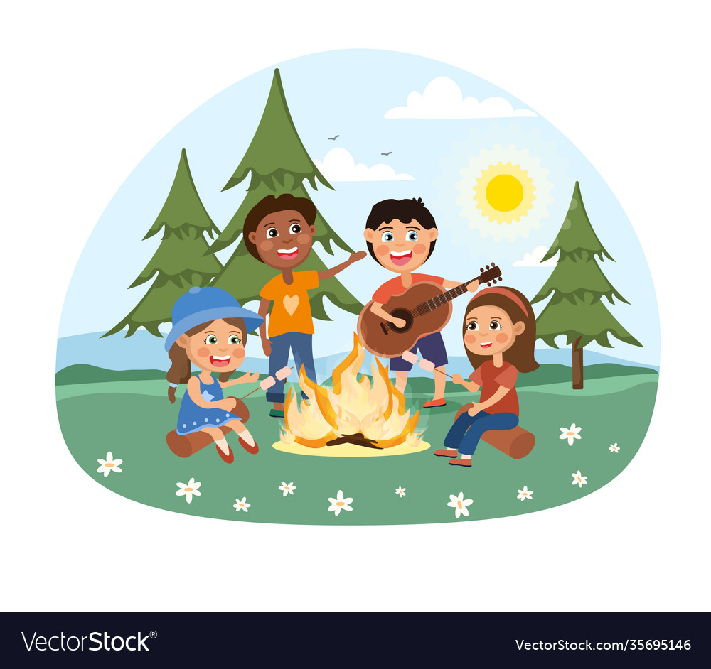 Group happy children seated round a campfire Vector Image
