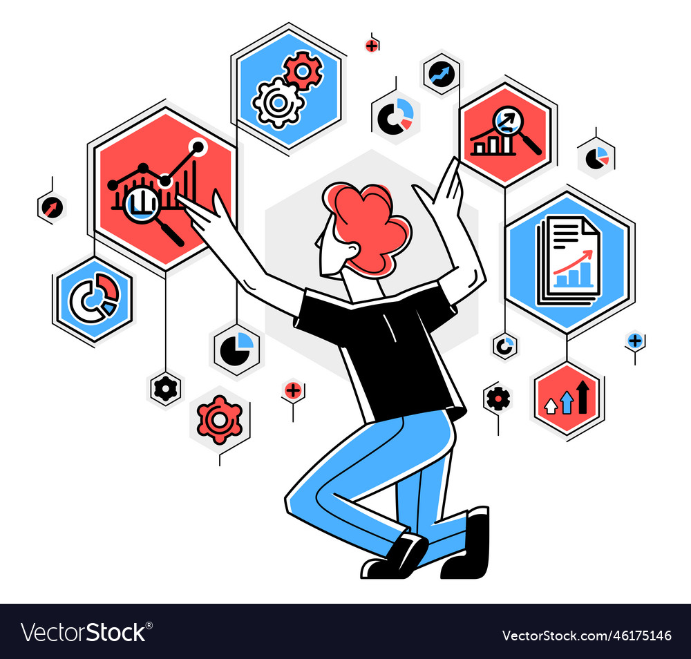 Worker Analyzes Some Data And Systematizing Vector Image