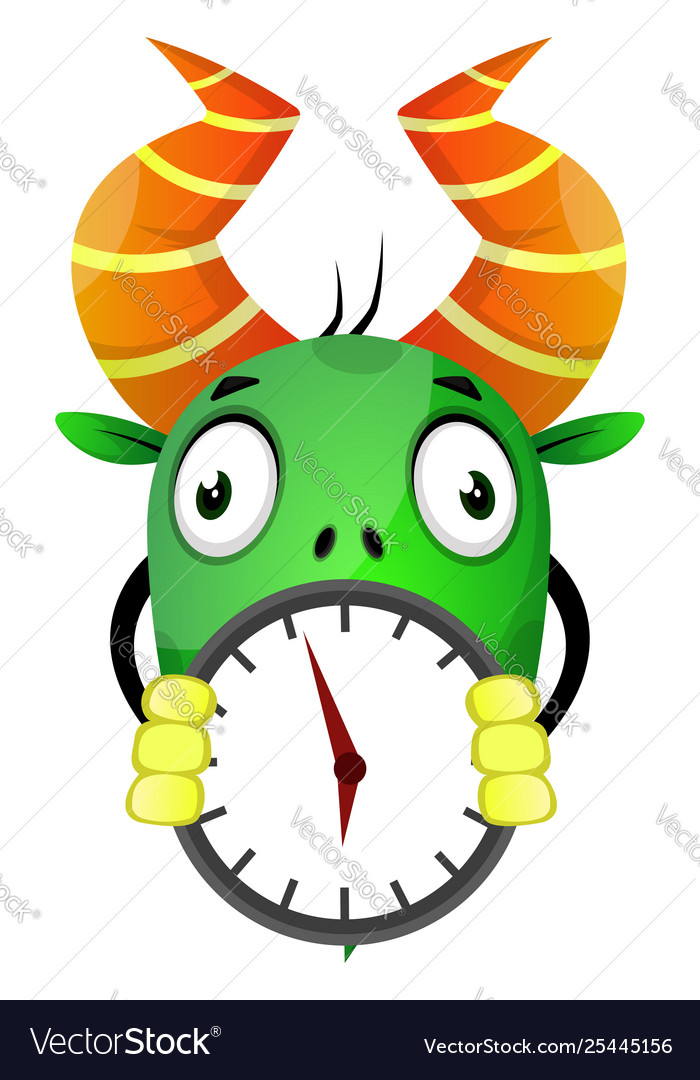 Monster with horn holding a wall clock Royalty Free Vector