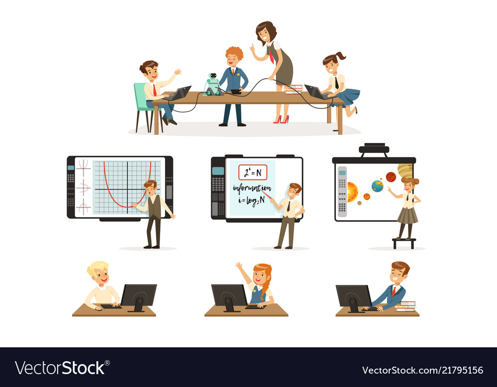 School children at informatics and programming Vector Image