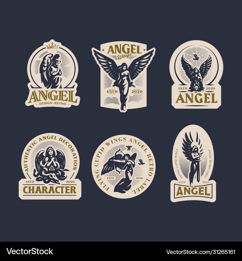 Vintage emblems with women angels Royalty Free Vector Image