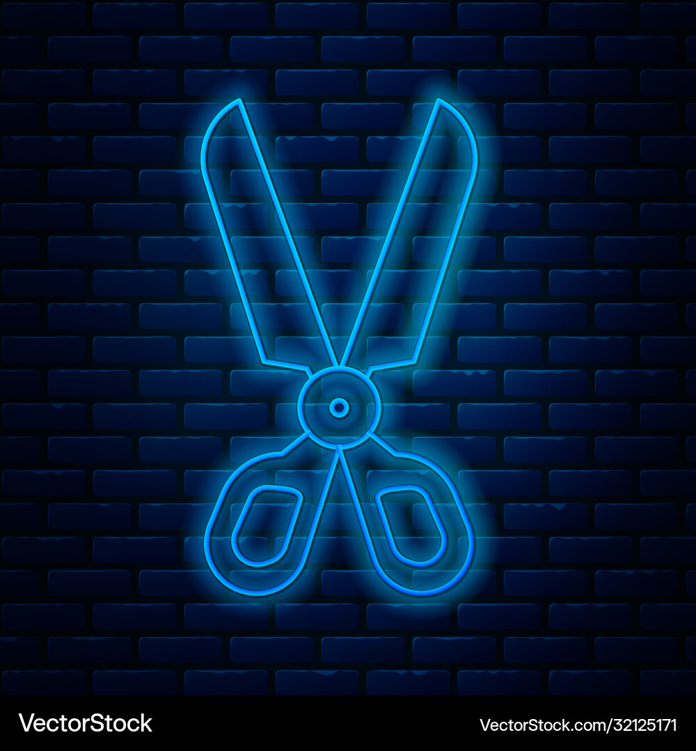 Glowing neon line scissors icon isolated on brick Vector Image