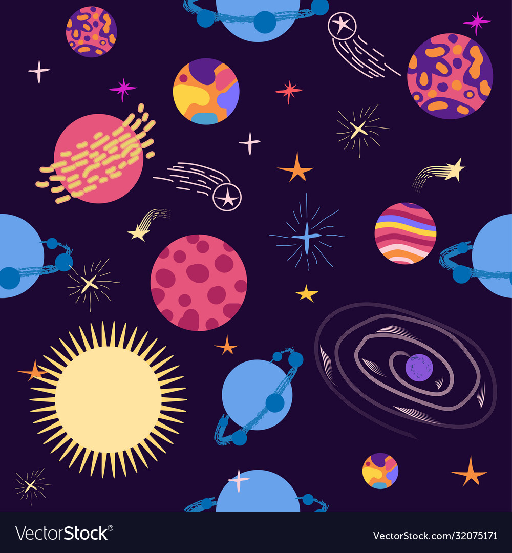 Seamless space pattern planets rockets and stars Vector Image