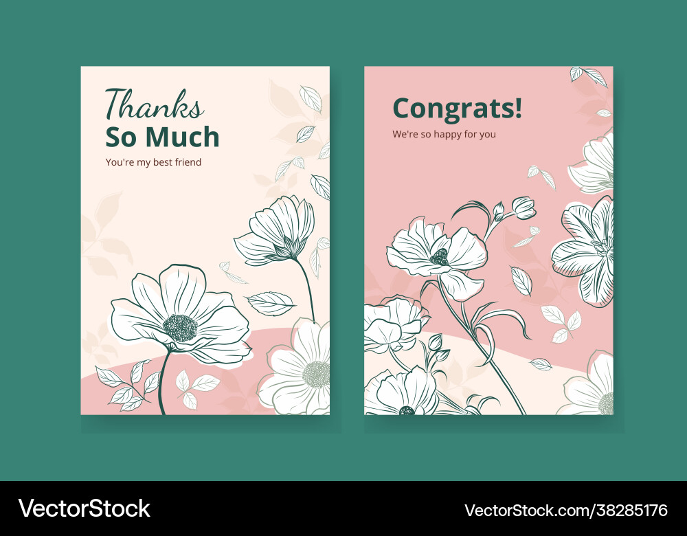 Floral card template with spring line art concept Vector Image