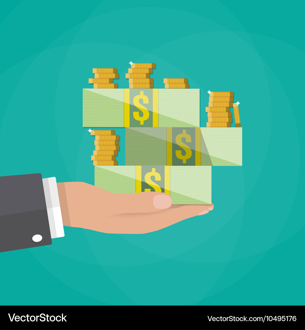 Hand holding stack of cash and coins Royalty Free Vector