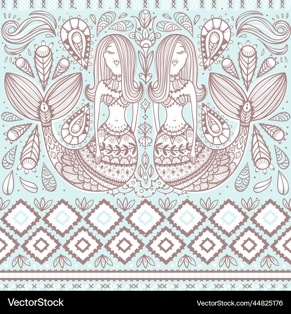 Seamless pattern with funny mermaids and folk Vector Image