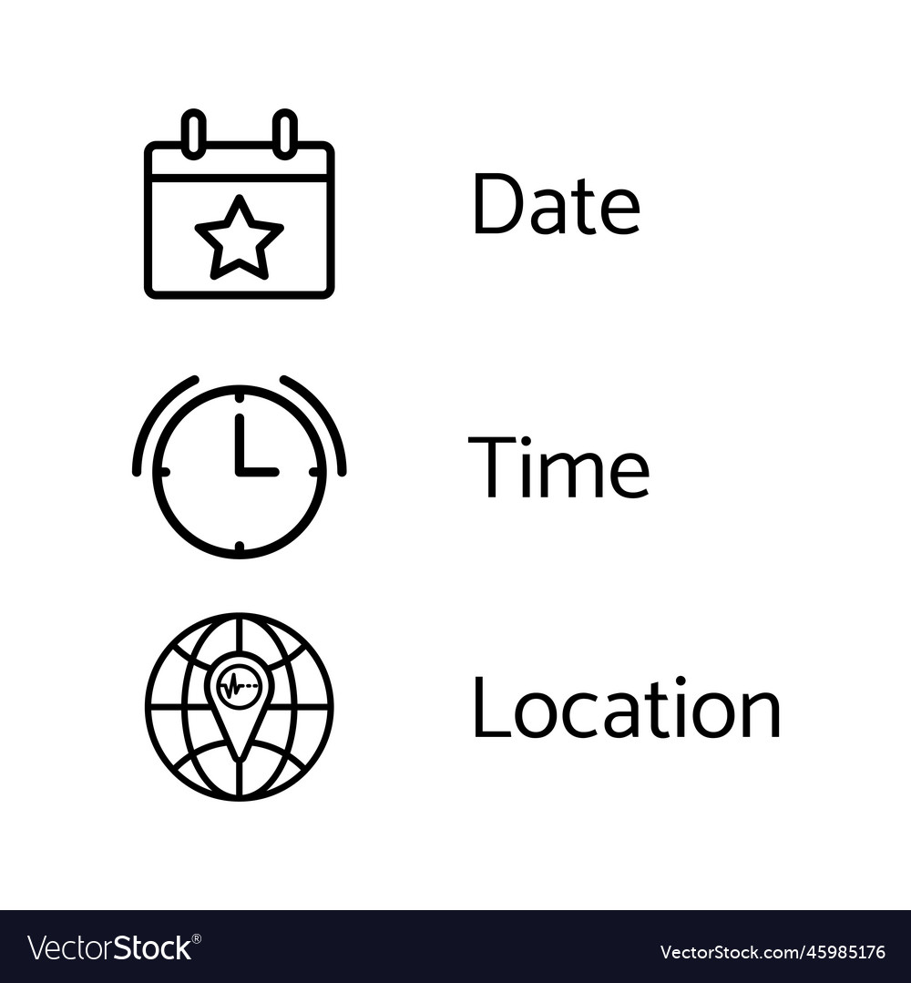 Set date time and location icons for graphic Vector Image