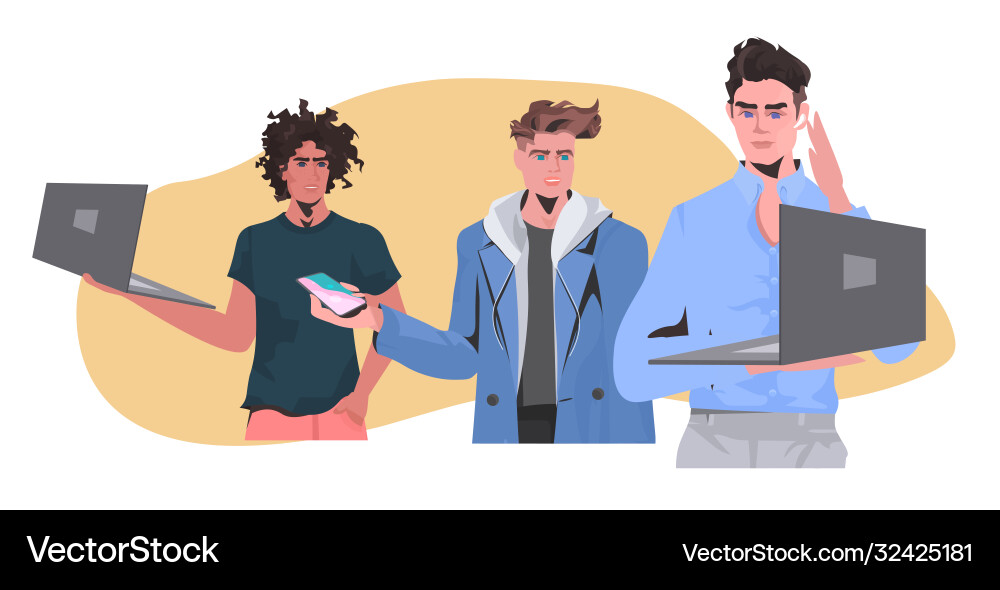Mix race men holding digital devices guys Vector Image