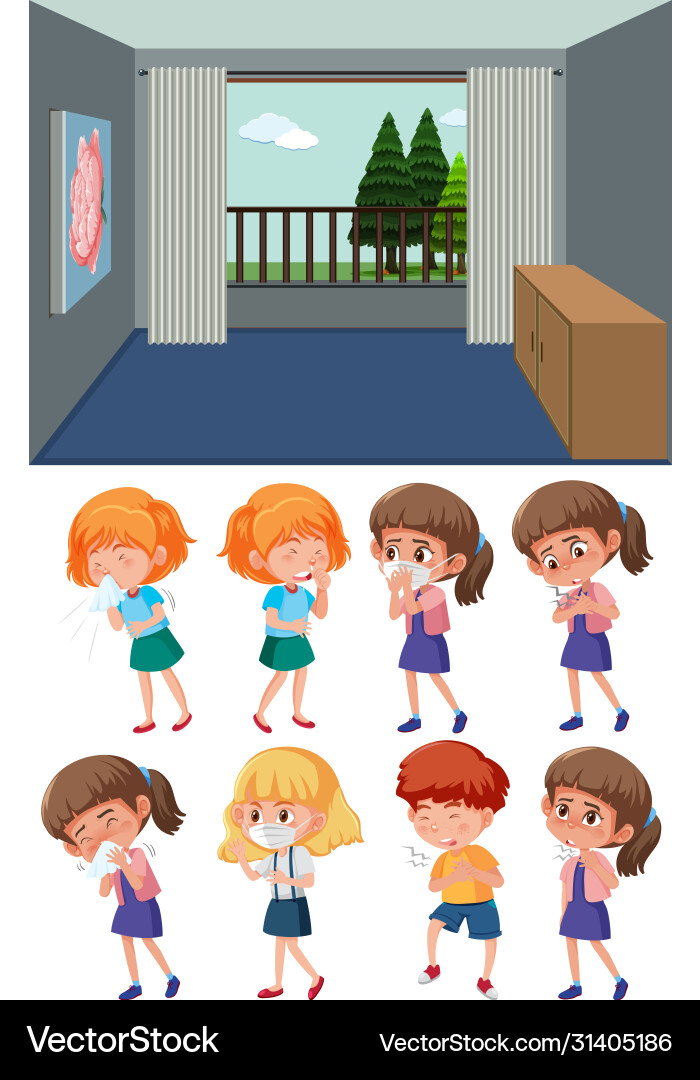 School scene and set sick children on white Vector Image