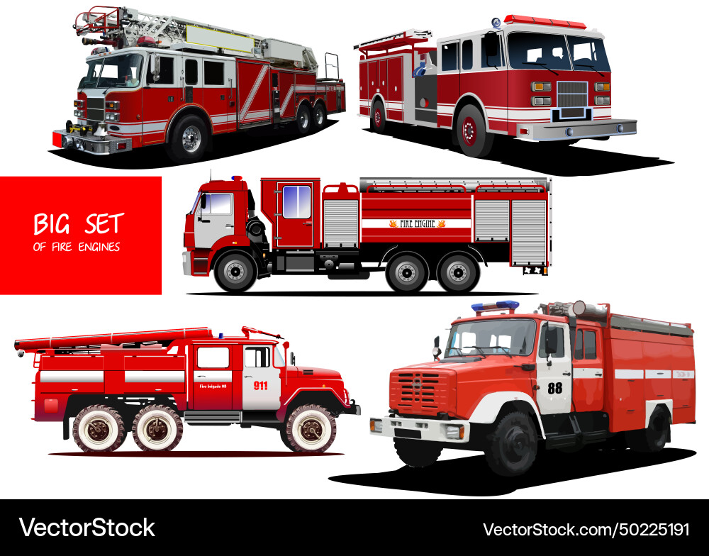 Big set of fire engines 3d hand drawn Royalty Free Vector